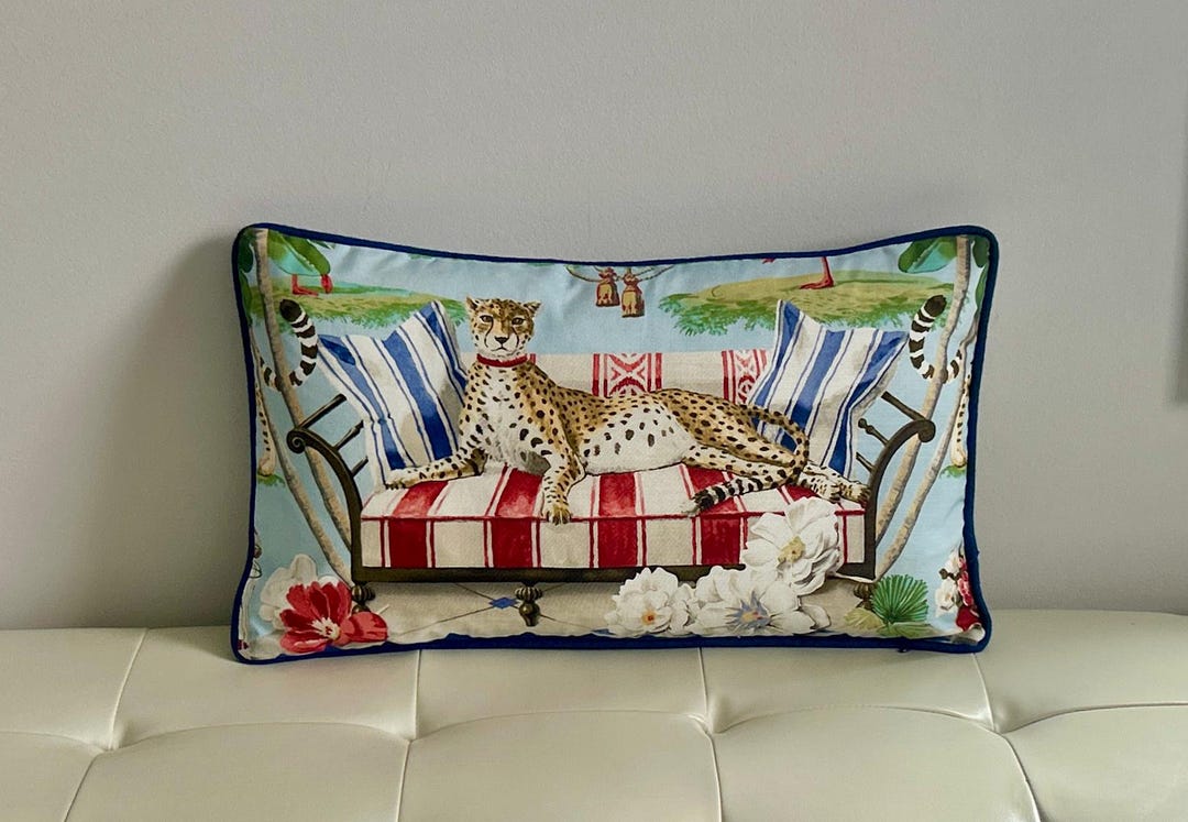 Night in India Lumbar Pillow Cover: Blue Piping, Cheetah Print (12x20 ...