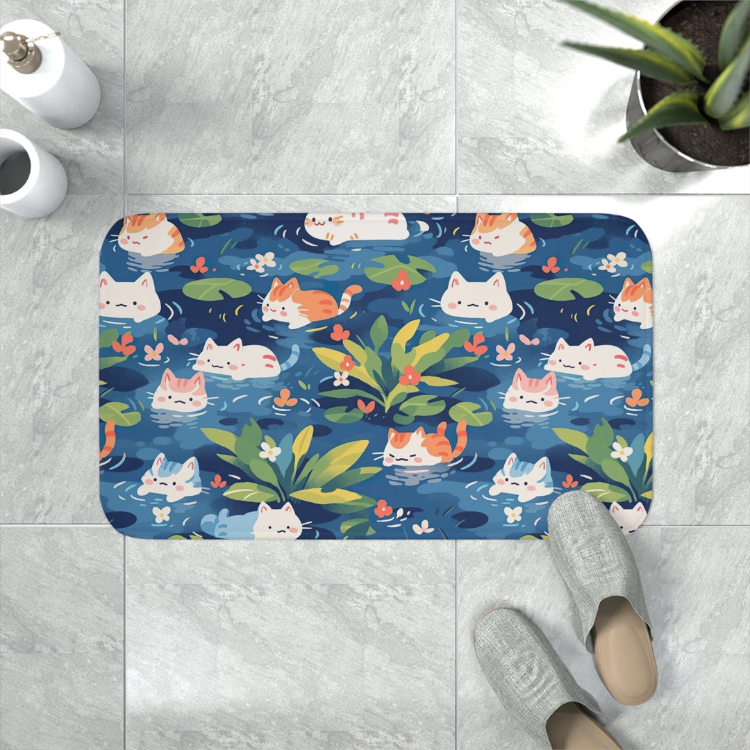 Cute Cat on Memory Foam Bath Mat | Cute Cat Print | Bathroom Decor ...