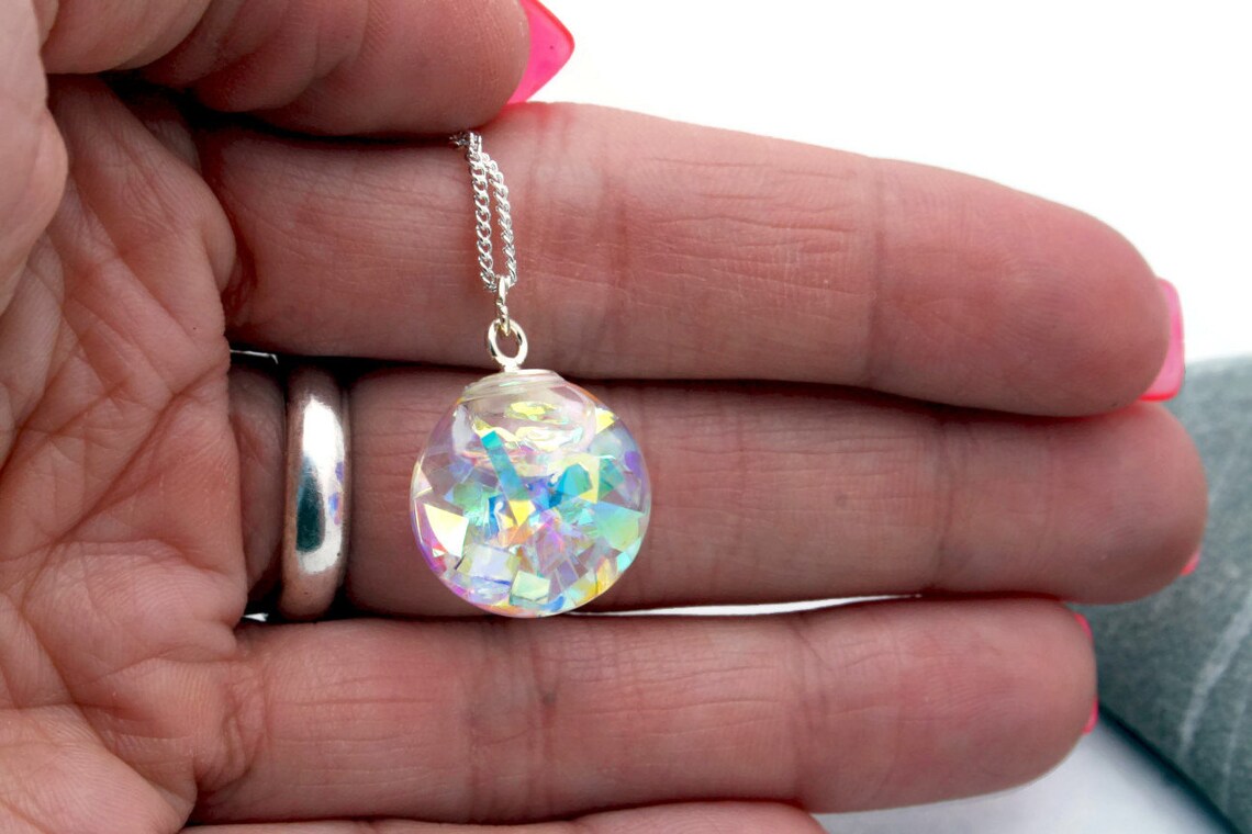 Hologram Necklace Rainbow Mirror Snowglobe Necklace Color | Etsy