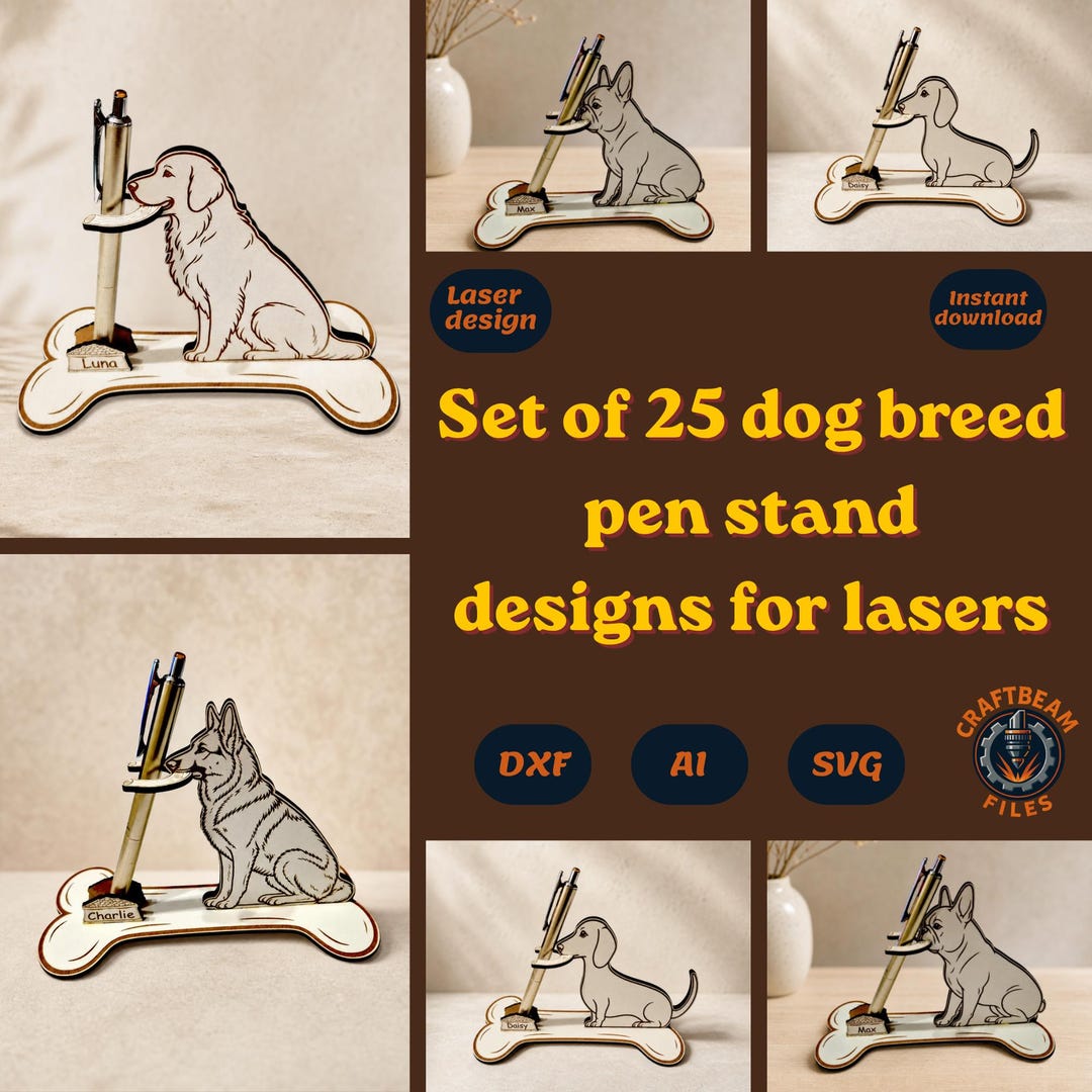 Dog Breed Pen Holder SVG Bundle – 25 Personalized Dog Desk Organizer ...