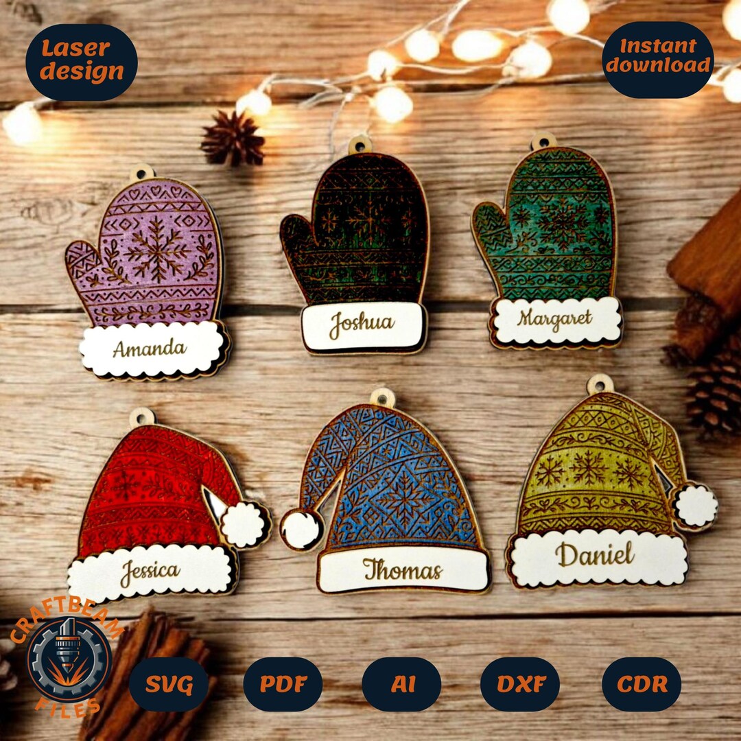 Christmas Ornaments SVG Bundle, Laser Cut Files, Mitten and Hat ...