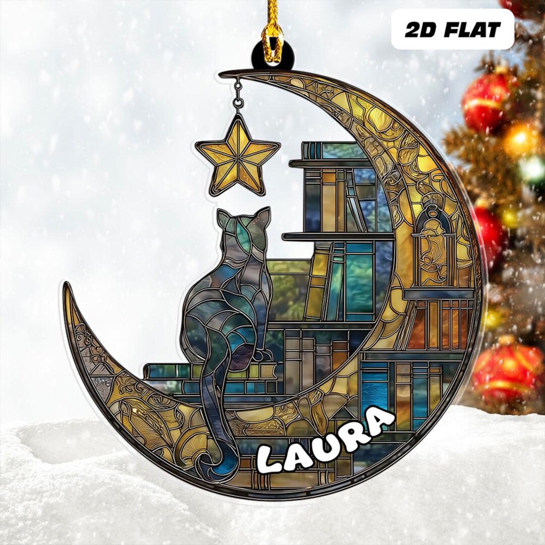 Personalized Cat Book on the Moon Acrylic Christmas Ornament, Book Tree ...
