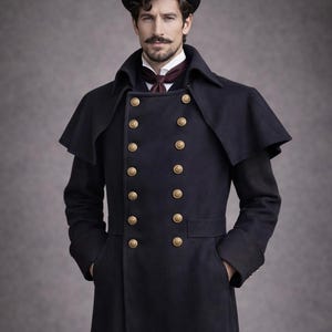 Men's Gothic Victorian Military Regency Wool Trench Cape Overcoat ...