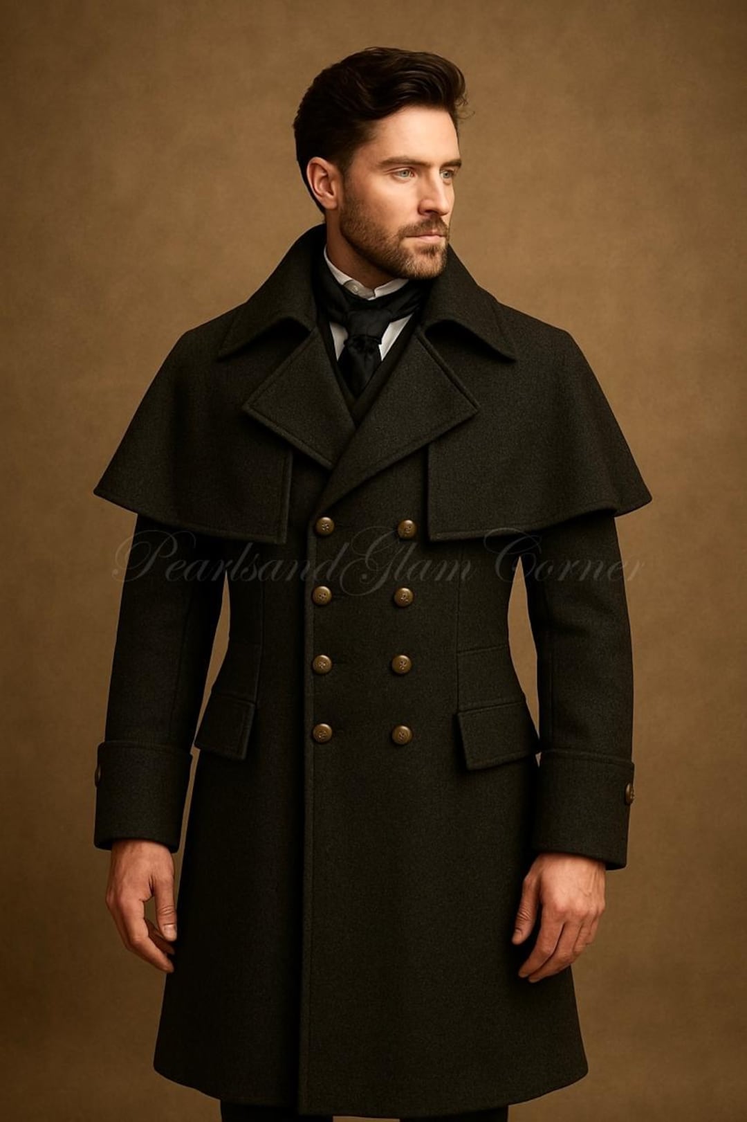 Men's Gothic Victorian Military Wool Trench Cape Overcoat, Steampunk ...