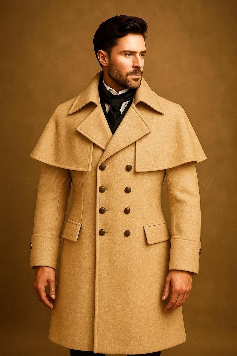 Men's Gothic Victorian Military Wool Trench Cape Overcoat, Steampunk ...