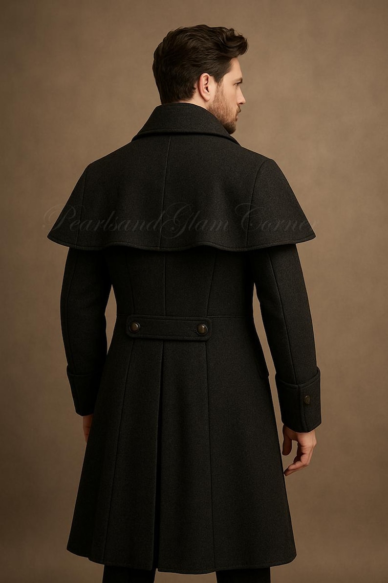 Men's Gothic Victorian Military Wool Trench Cape Overcoat, Steampunk ...