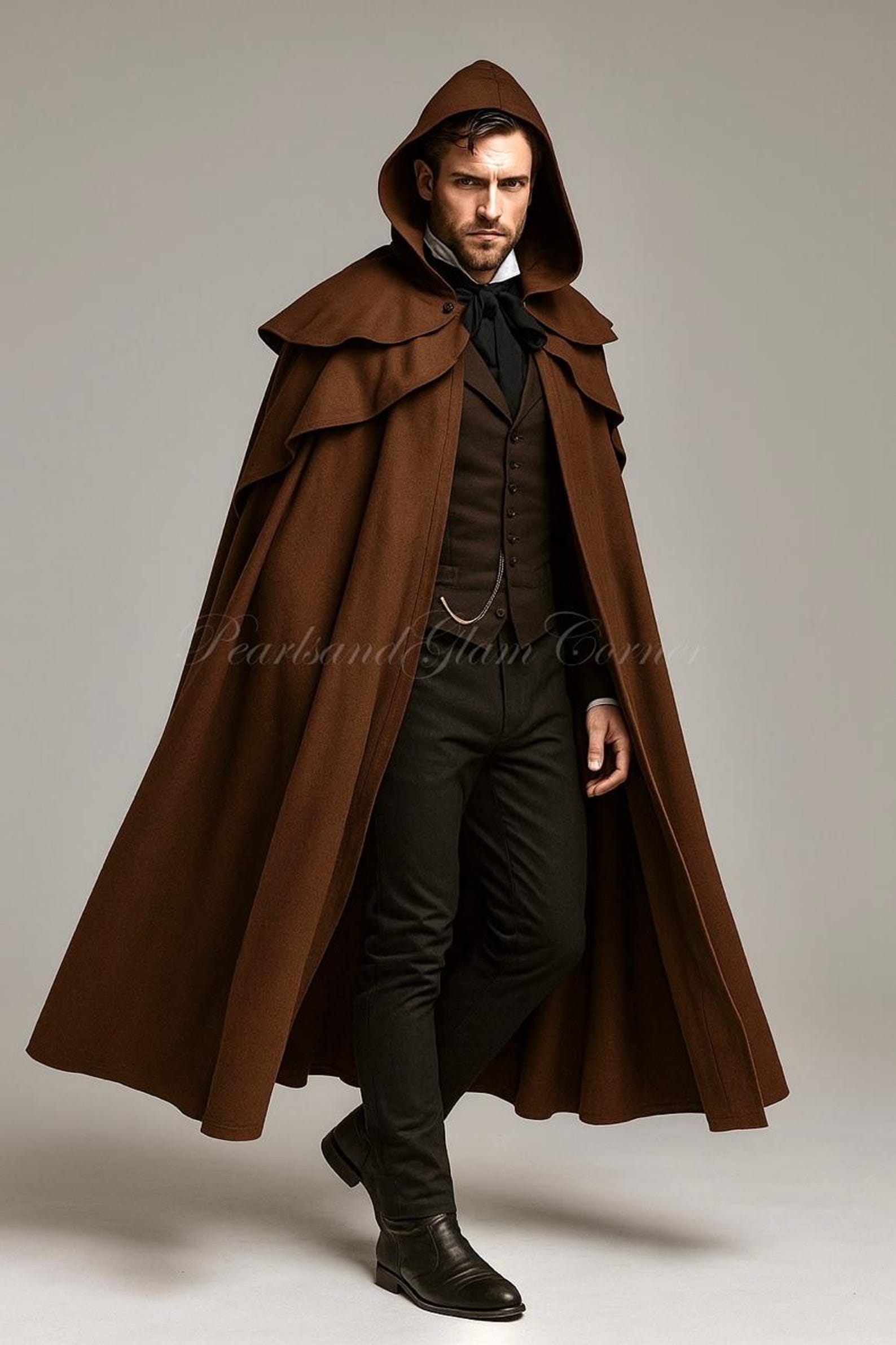 Men’s Victorian Brown Hooded Inverness Wool Cape Coat, Steampunk Gothic ...