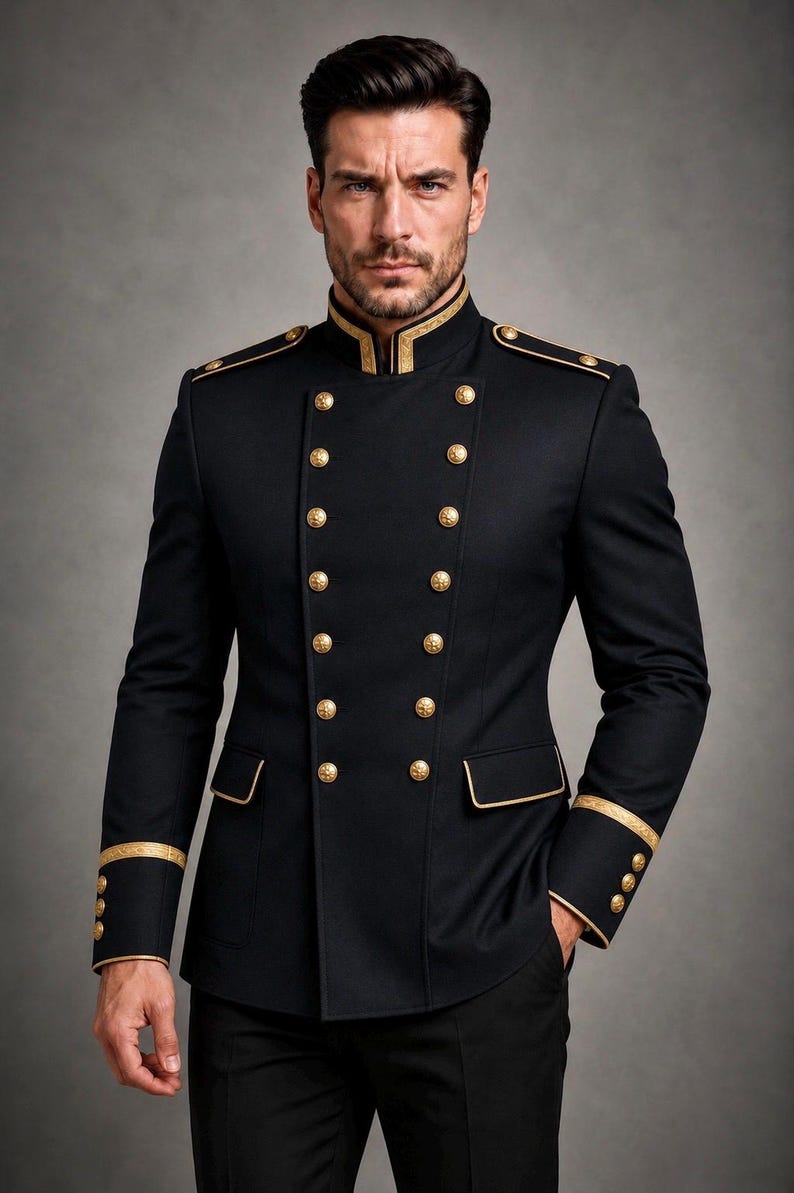 Men’s Military Officer Black Coat Jacket, Vintage Steampunk Captain ...