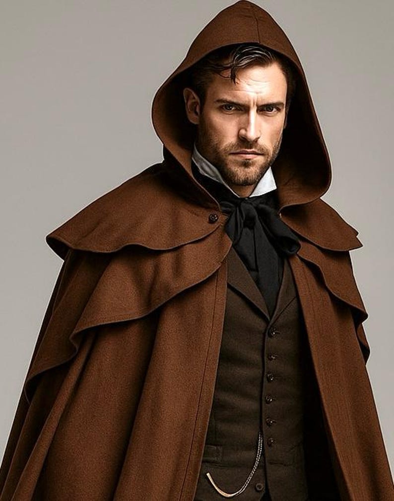 Men’s Victorian Brown Hooded Inverness Wool Cape Coat, Steampunk Gothic ...