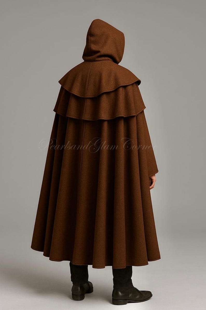 Men’s Victorian Brown Hooded Inverness Wool Cape Coat, Steampunk Gothic ...