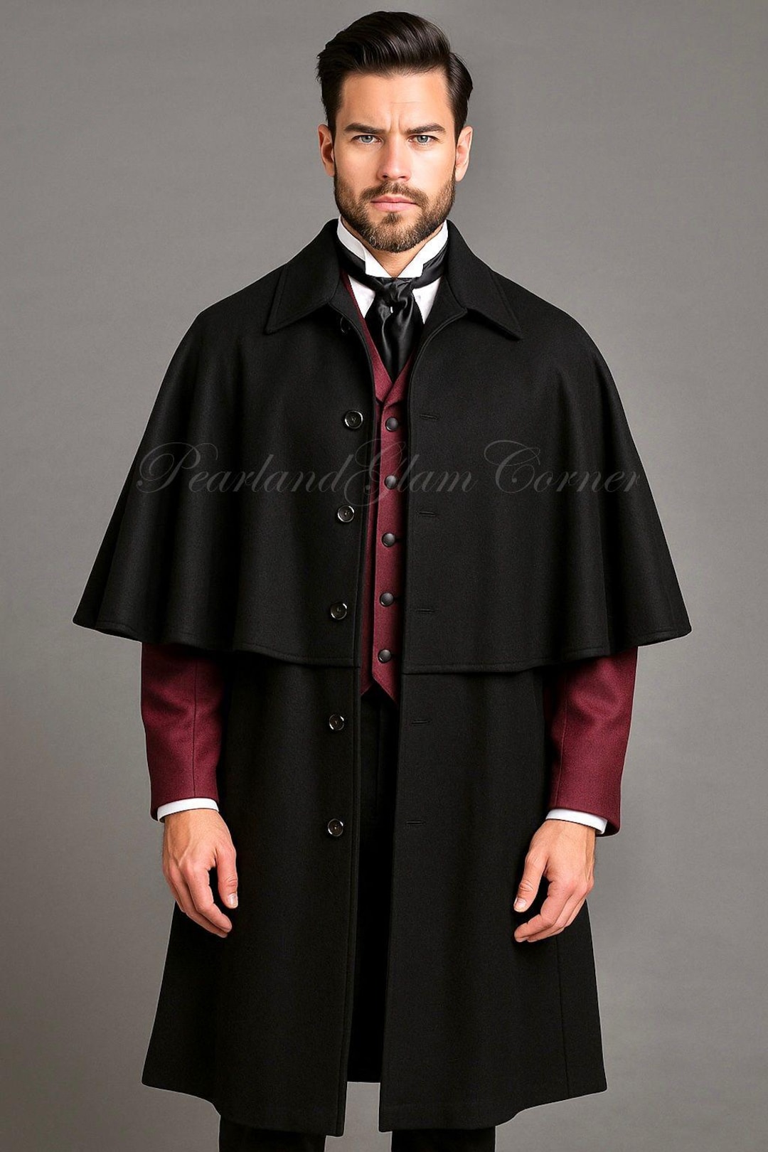 Men’s Victorian Gothic Black Wool Cape Coat, Vintage Steampunk Cloak ...