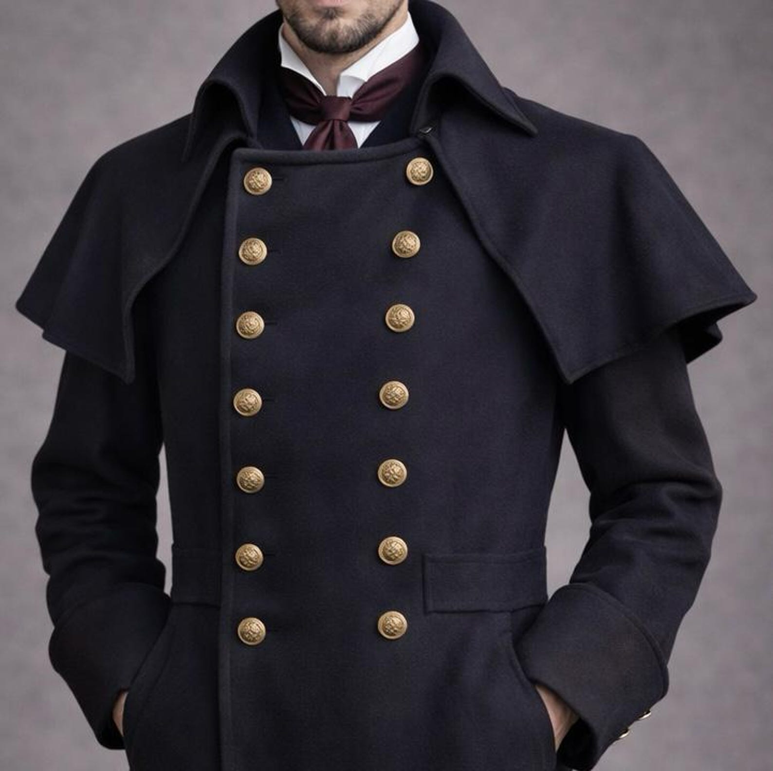 Men's Gothic Victorian Military Regency Wool Trench Cape Overcoat ...
