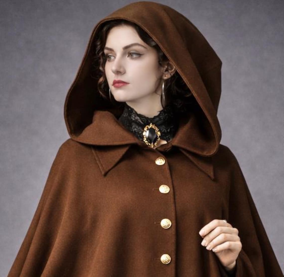 Women's Victorian Wool Hooded Brown Cloak Cape Coat, Vintage Gothic ...