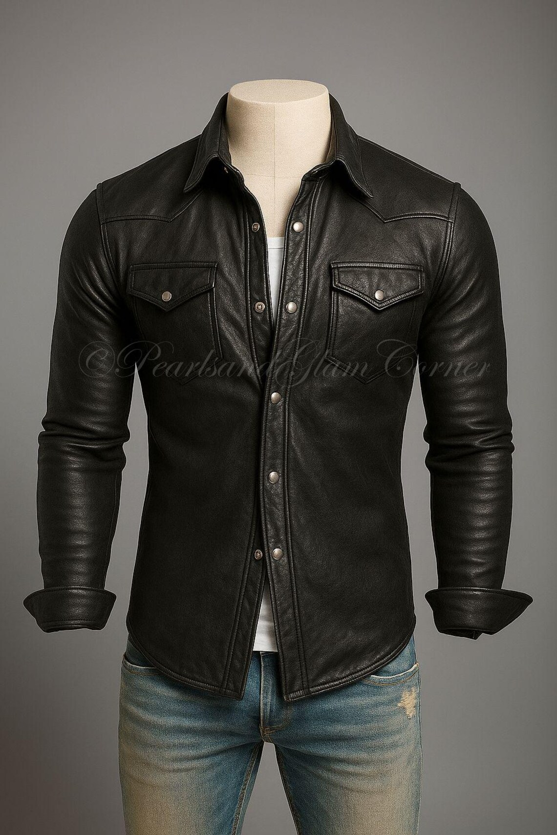 Slim Fit Black Leather Shirt Jacket: Men's Western Biker Shacket - Etsy