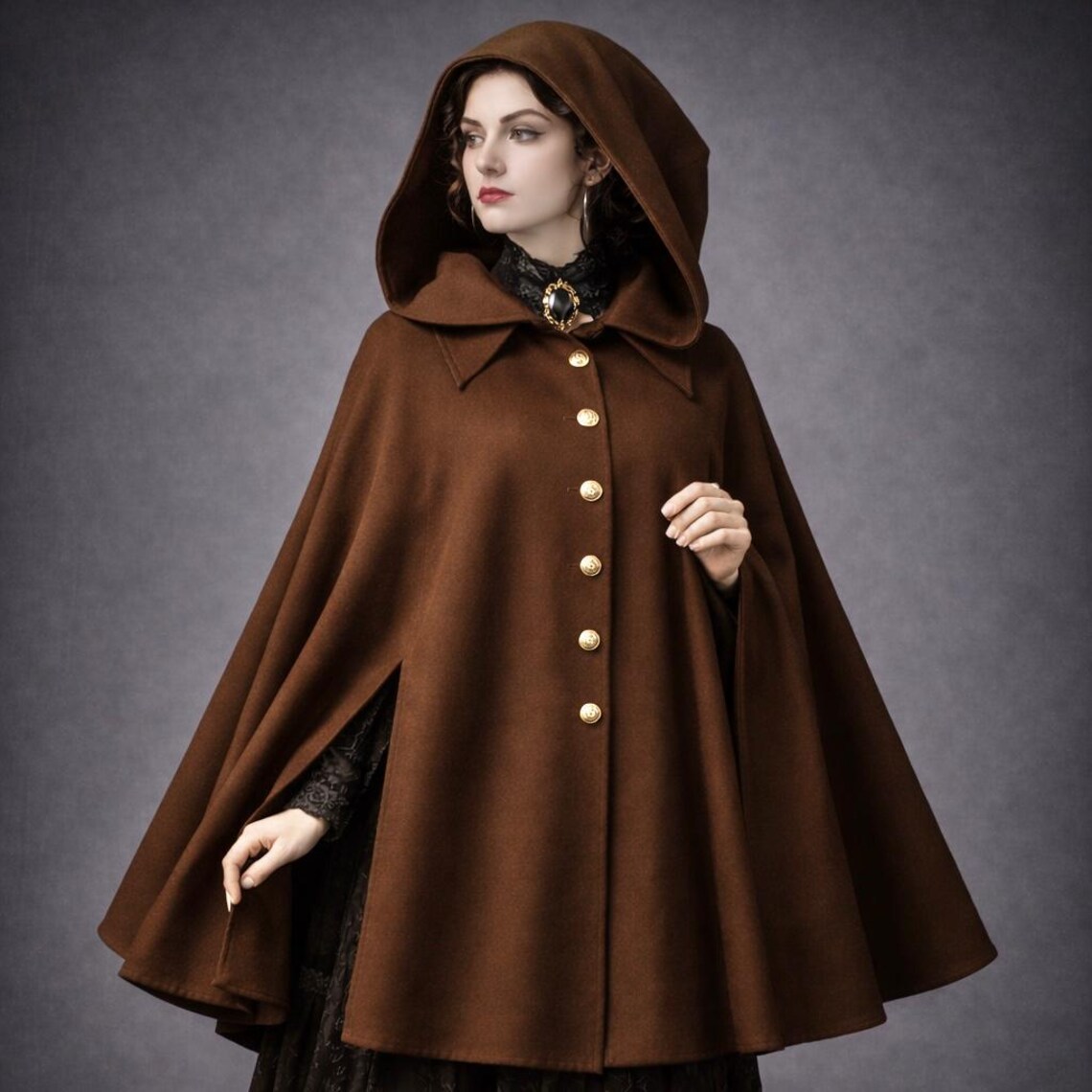 Women's Victorian Wool Hooded Brown Cloak Cape Coat, Vintage Gothic ...