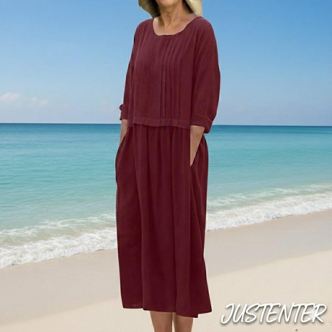 Women Loose Fit Pleated Maxi Dress | Casual Long Dress With 3/4 Sleeves ...