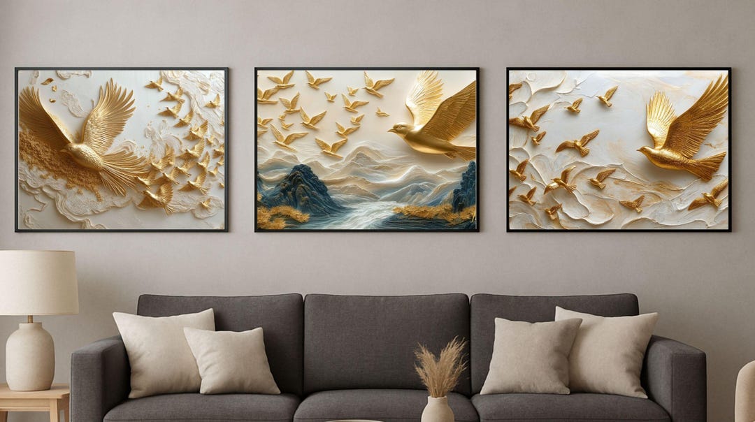 Digital Triptych Golden Bird in Flight, Luxury 3D Wall Art Print ...