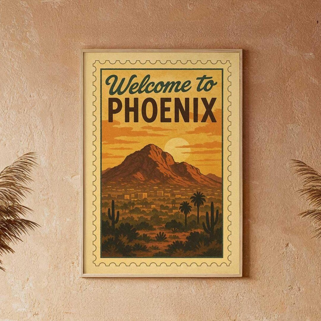 Phoenix Travel Poster: Camelback Mountain Vintage Stamp Style Wall Art ...
