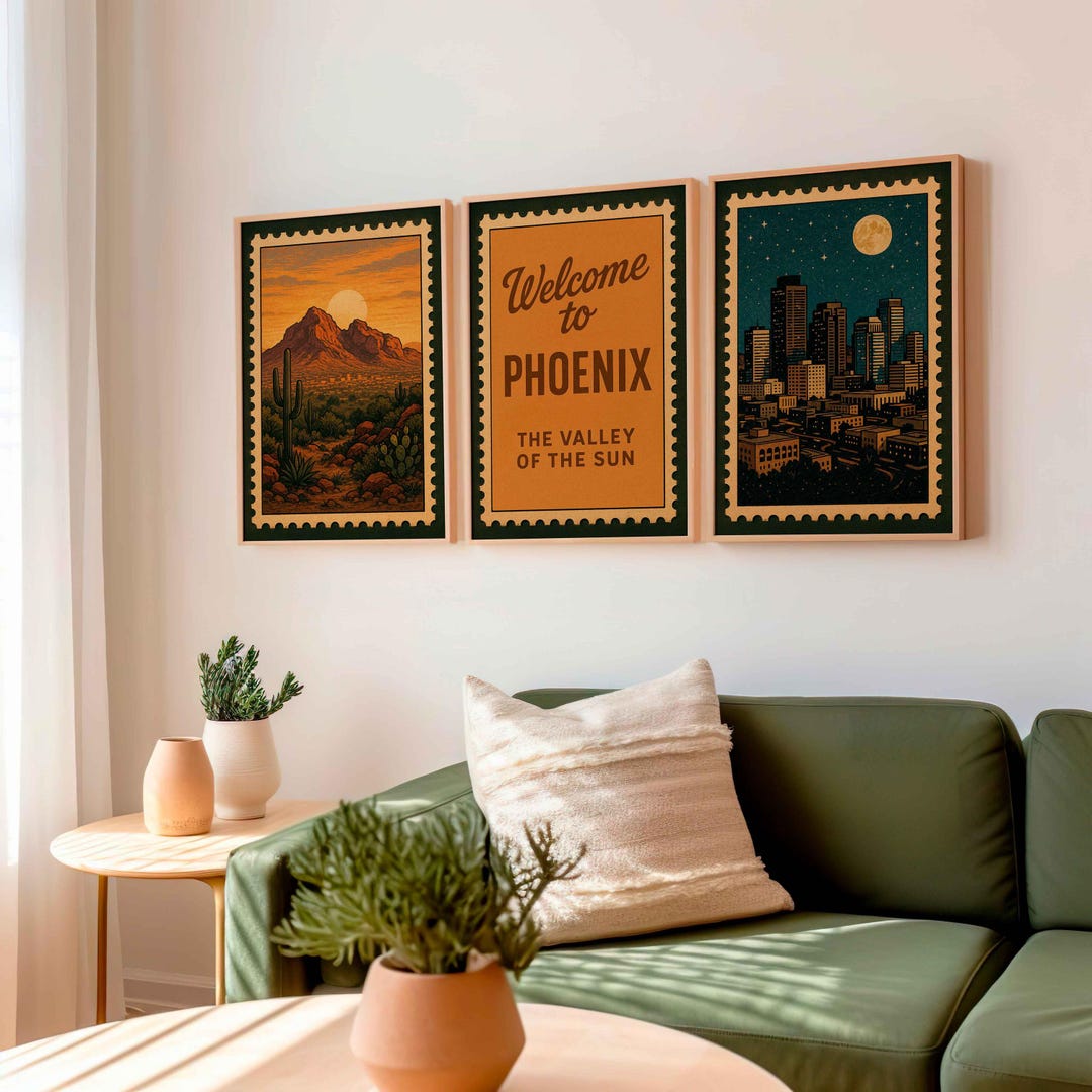Set of 3 Phoenix Travel Posters: Arizona Vintage Stamp Style Wall Art ...