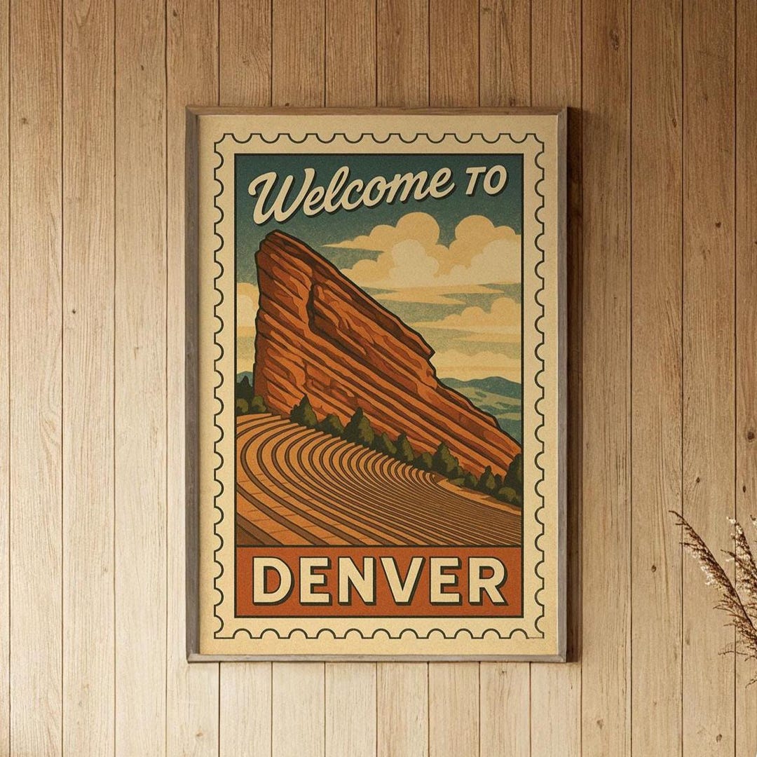 Denver Travel Poster: Red Rocks Amphitheatre Vintage Stamp Style Wall ...