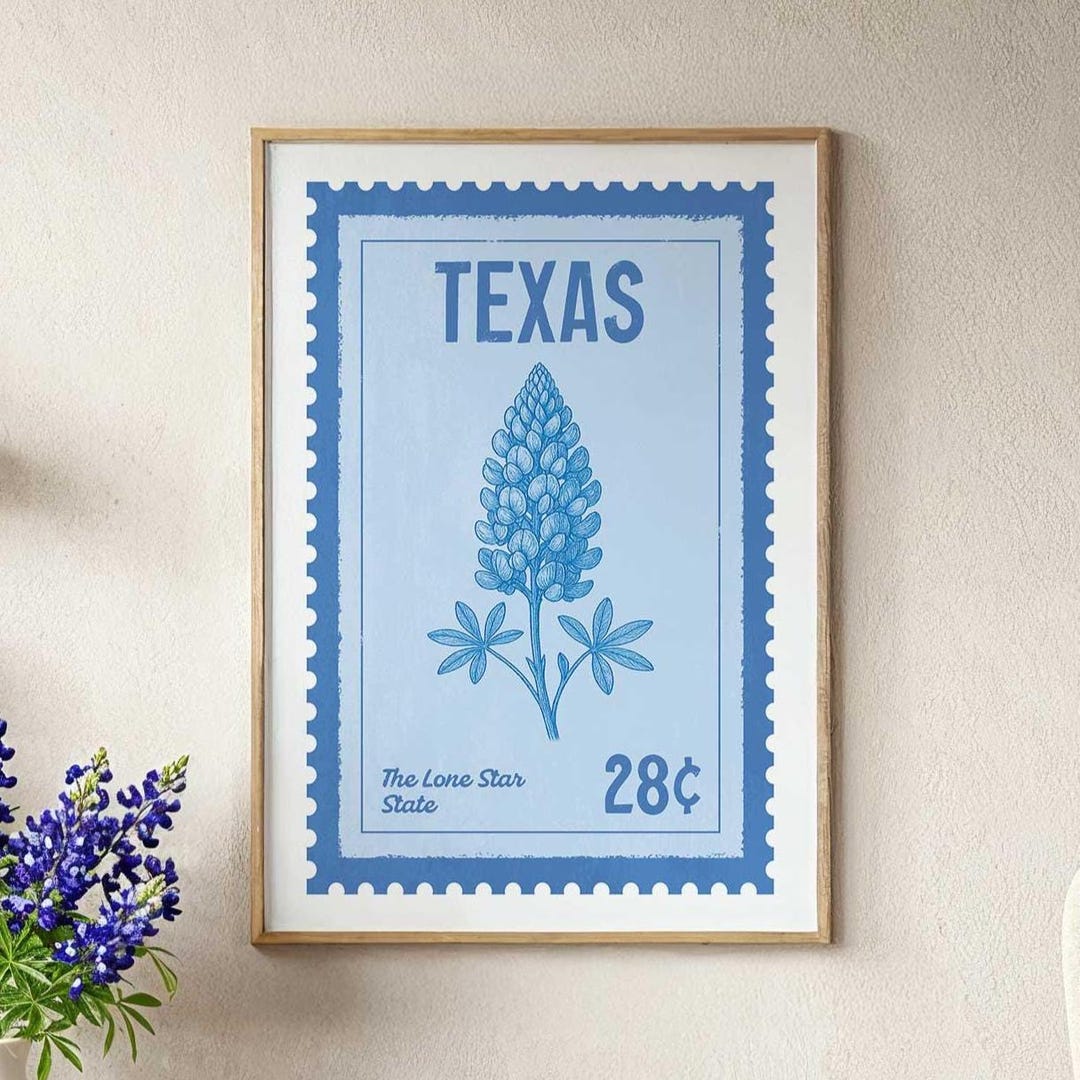 Texas Travel Poster: Bluebonnet Flower Vintage Stamp Style Wall Art ...