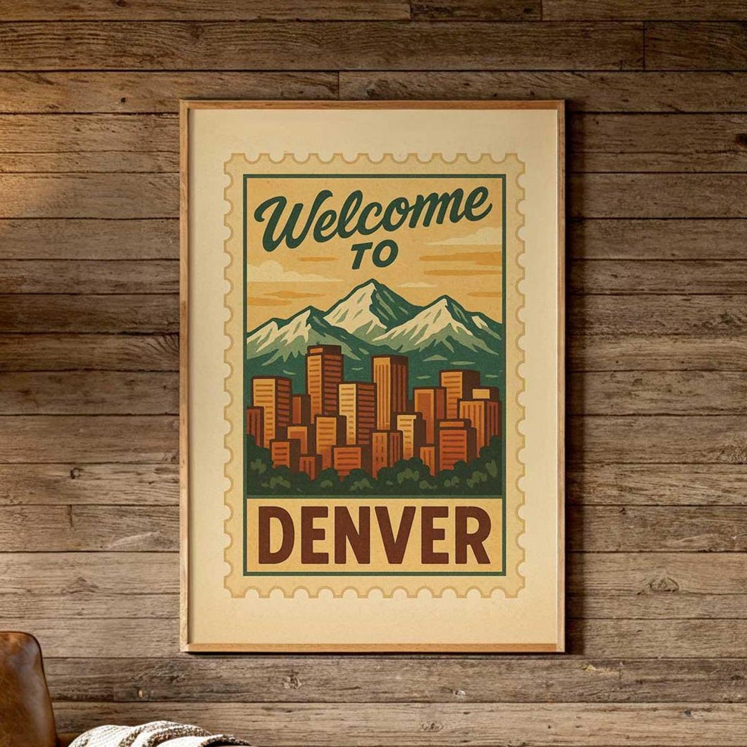 Denver Travel Poster: Rocky Mountains Vintage Stamp Style Wall Art ...