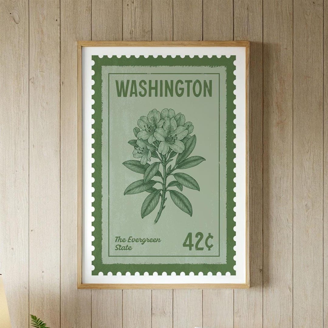 Washington State Travel Poster: Rhododendron Vintage Stamp Style Wall ...