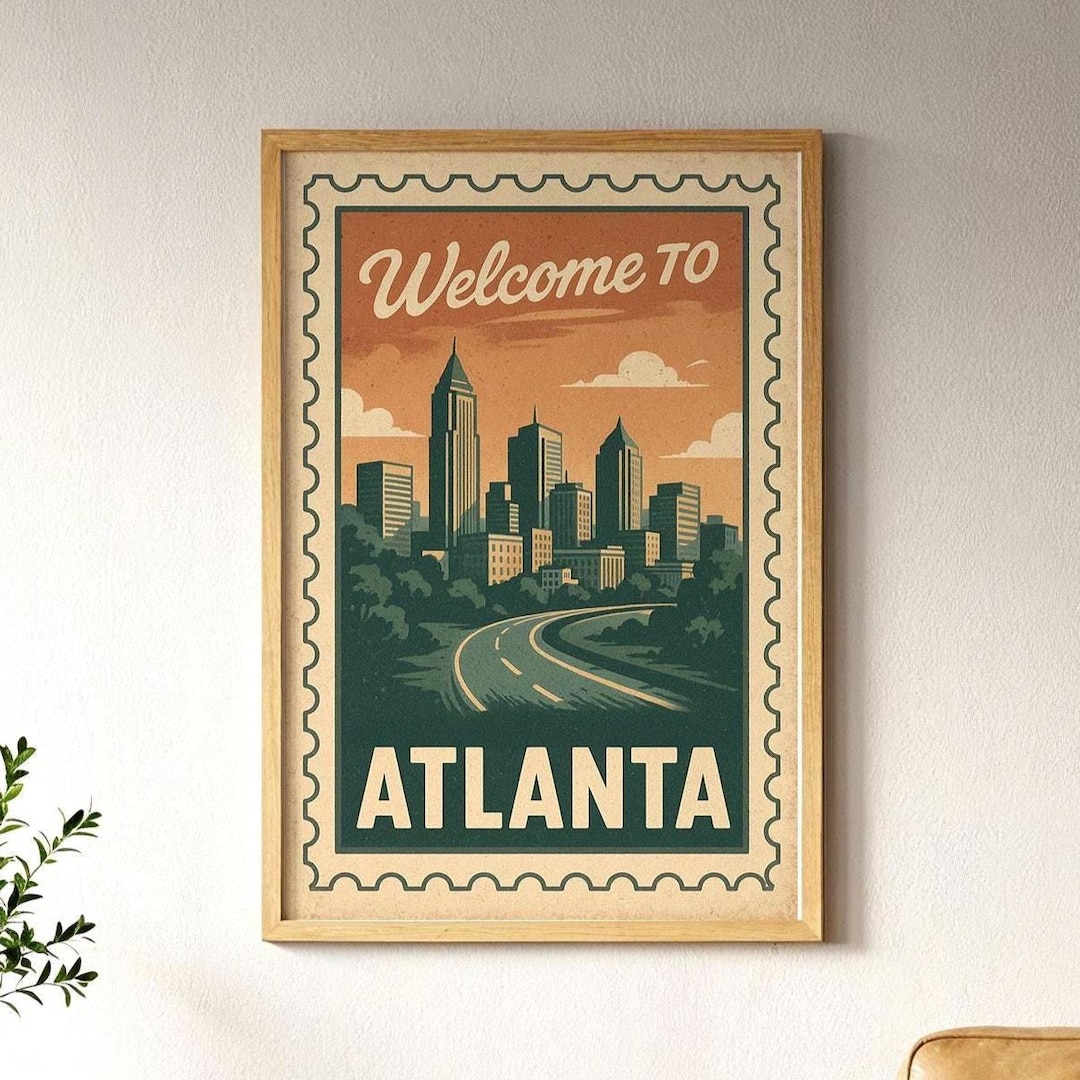 Atlanta Travel Poster: Atlanta Skyline Vintage Stamp Style Print ...