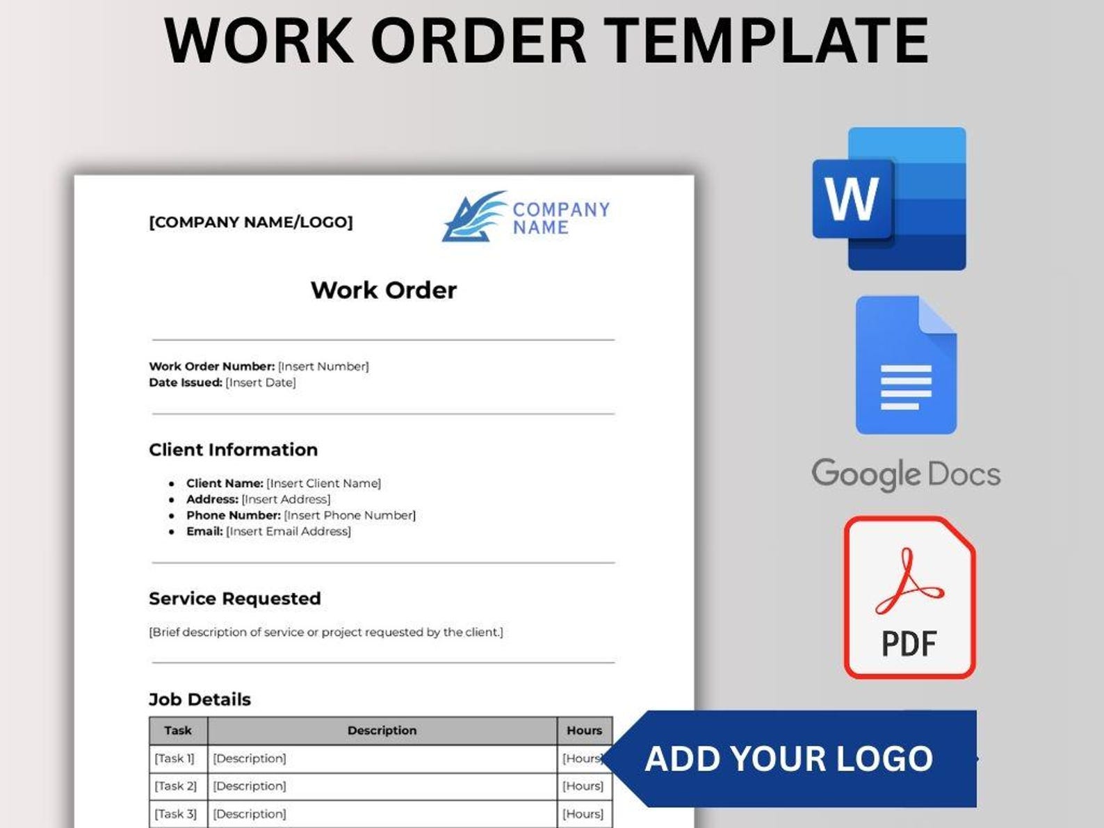 Editable Work Order Template: Service Form for Word, PDF, Google Docs ...