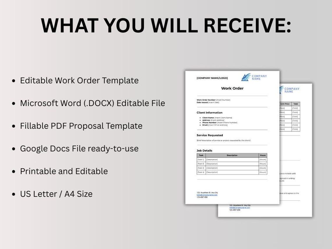 Editable Work Order Template: Service Form for Word, PDF, Google Docs ...
