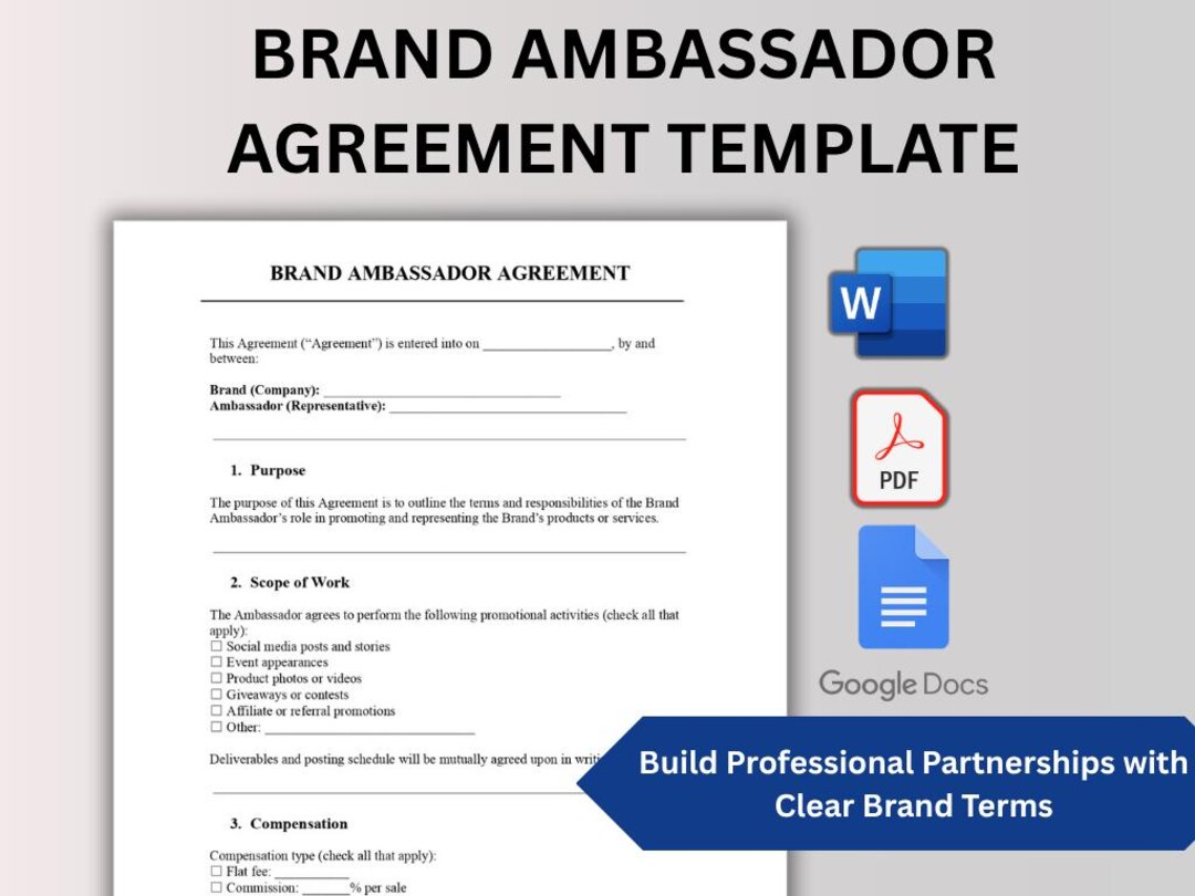 Brand Ambassador Agreement Template | Editable Contract in Word, Google ...