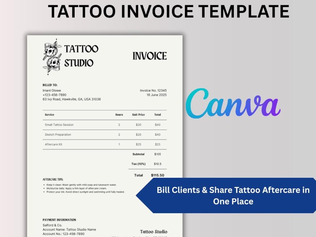 Tattoo Artist Invoice Template: Editable Canva Billing Form With ...