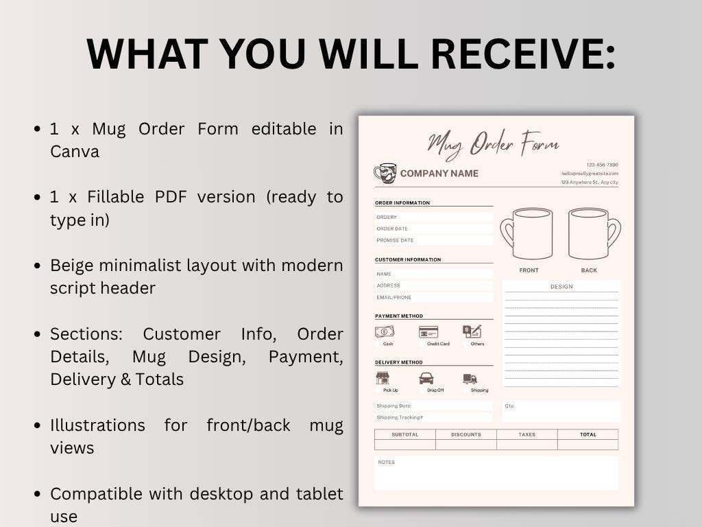 Mug Order Form Template: Editable PDF & Canva, Beige Design - Etsy