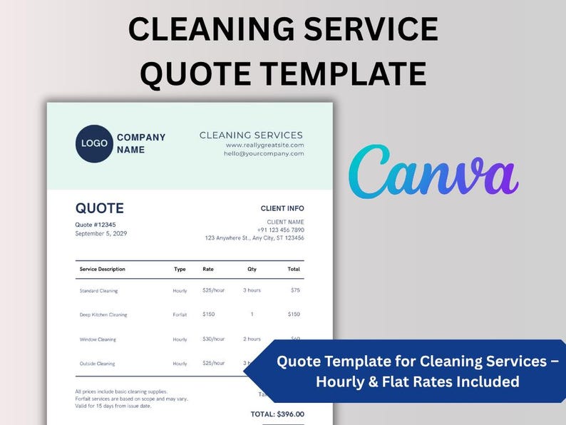 Cleaning Service Quote Template: Editable Green Layout (canva, A4/US ...