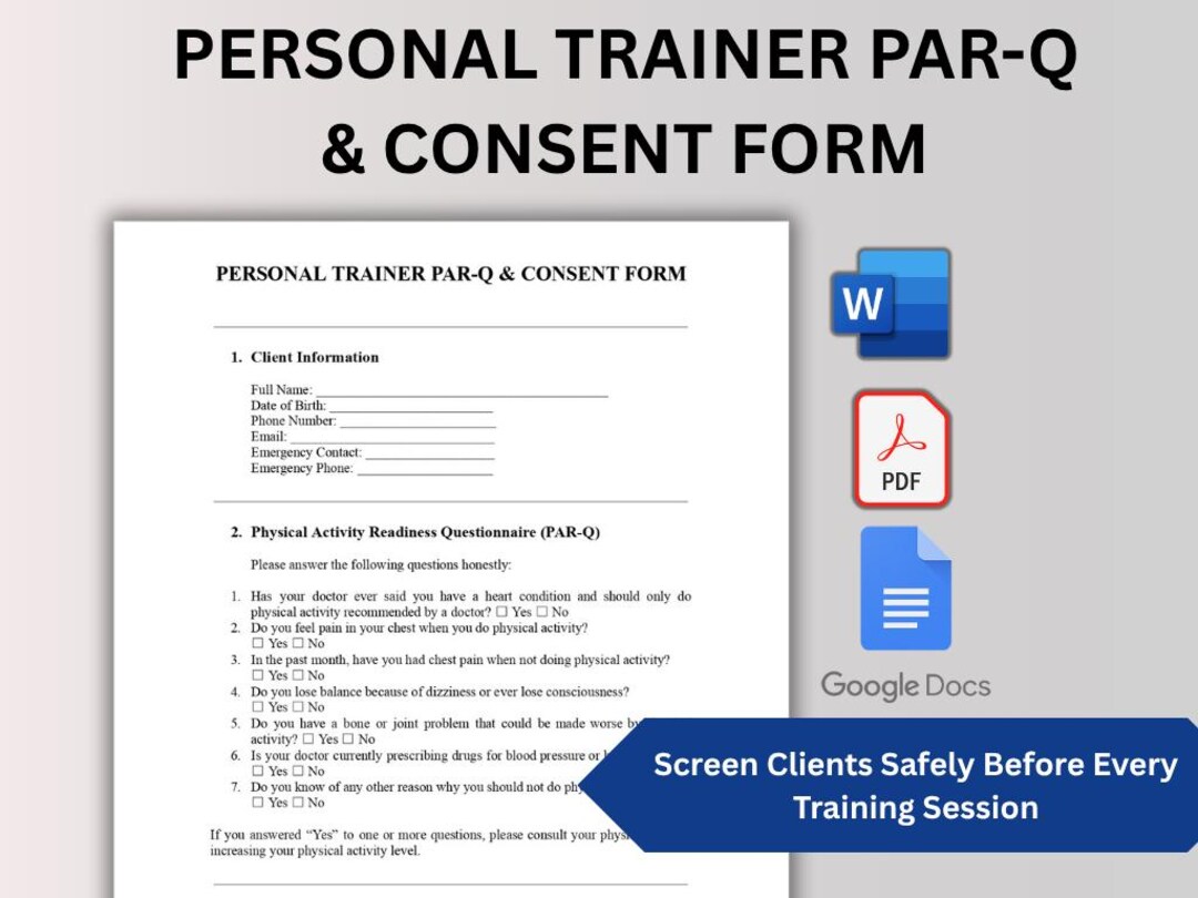 Personal Trainer PAR-Q & Consent Form (editable PDF, Word, Google Docs ...