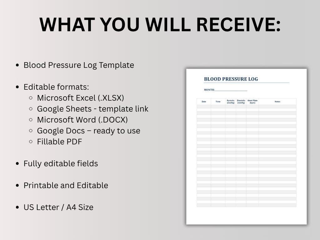 Blood Pressure Log Template – Daily AM/PM Tracker for Systolic ...