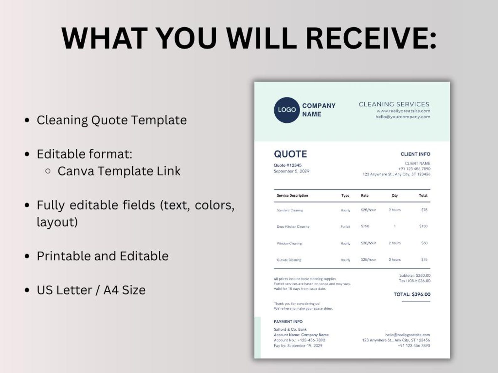 Cleaning Service Quote Template: Editable Green Layout (canva, A4/US ...