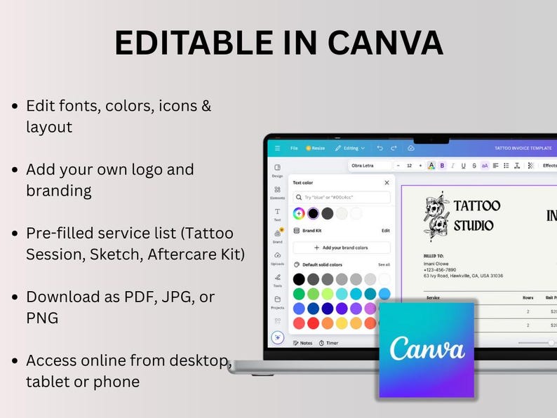 Tattoo Artist Invoice Template: Editable Canva Billing Form With ...