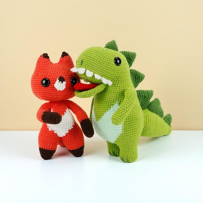 Crochet Green Dinosaur and Orange Fox, Handmade Doll, Animals, Awesome ...