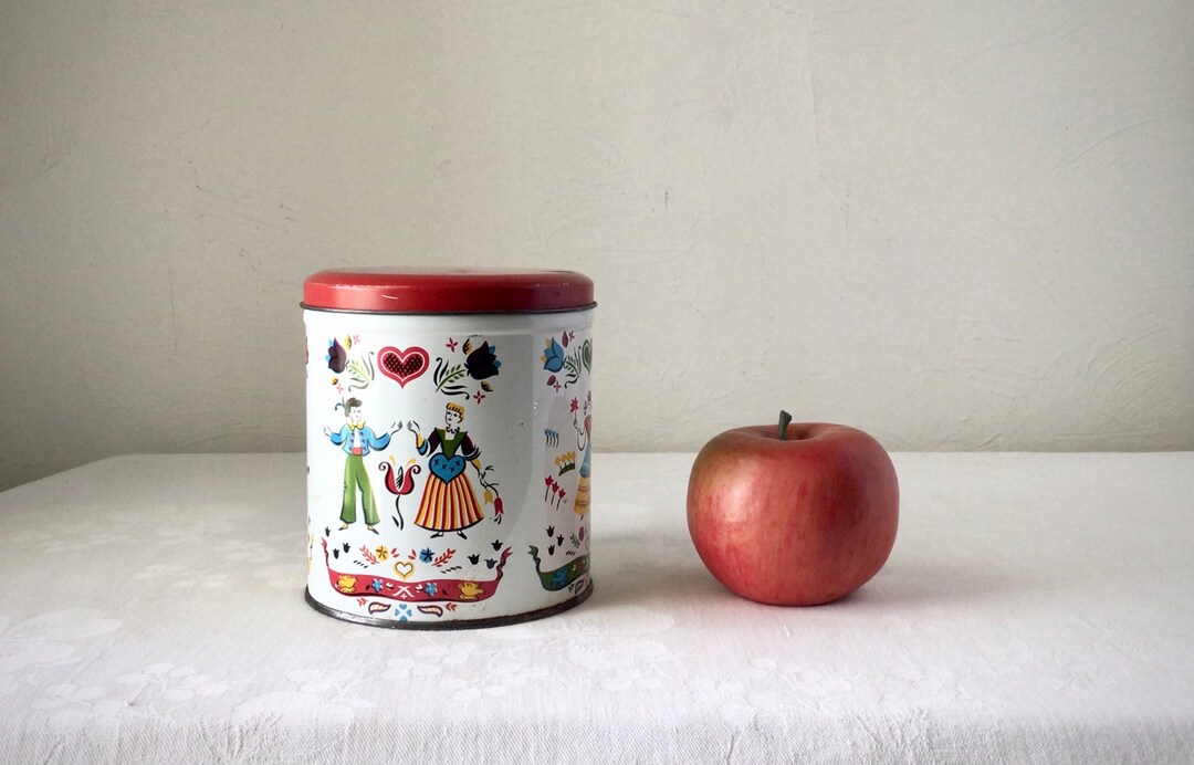 Scandinavian Folk Art Biscuit Tin, Red and White Cookie Canister ...