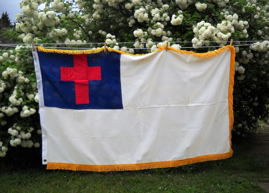 Christian Flag, Red Cross, White and Blue With Gold Fringe, Vintage ...