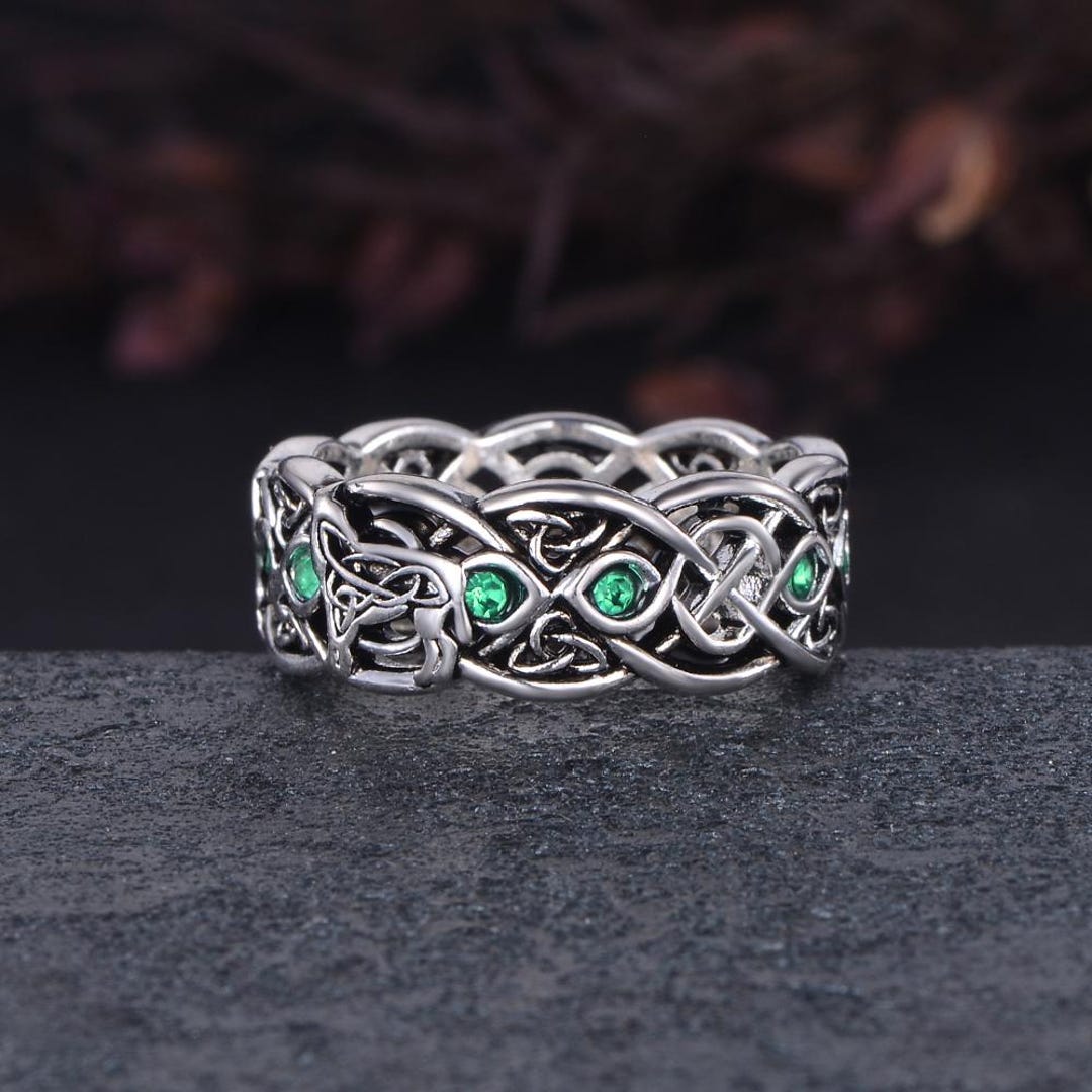 Celtic Knot Wide Statement Emeralds Men Ring 7mm Band Sterling Silver ...