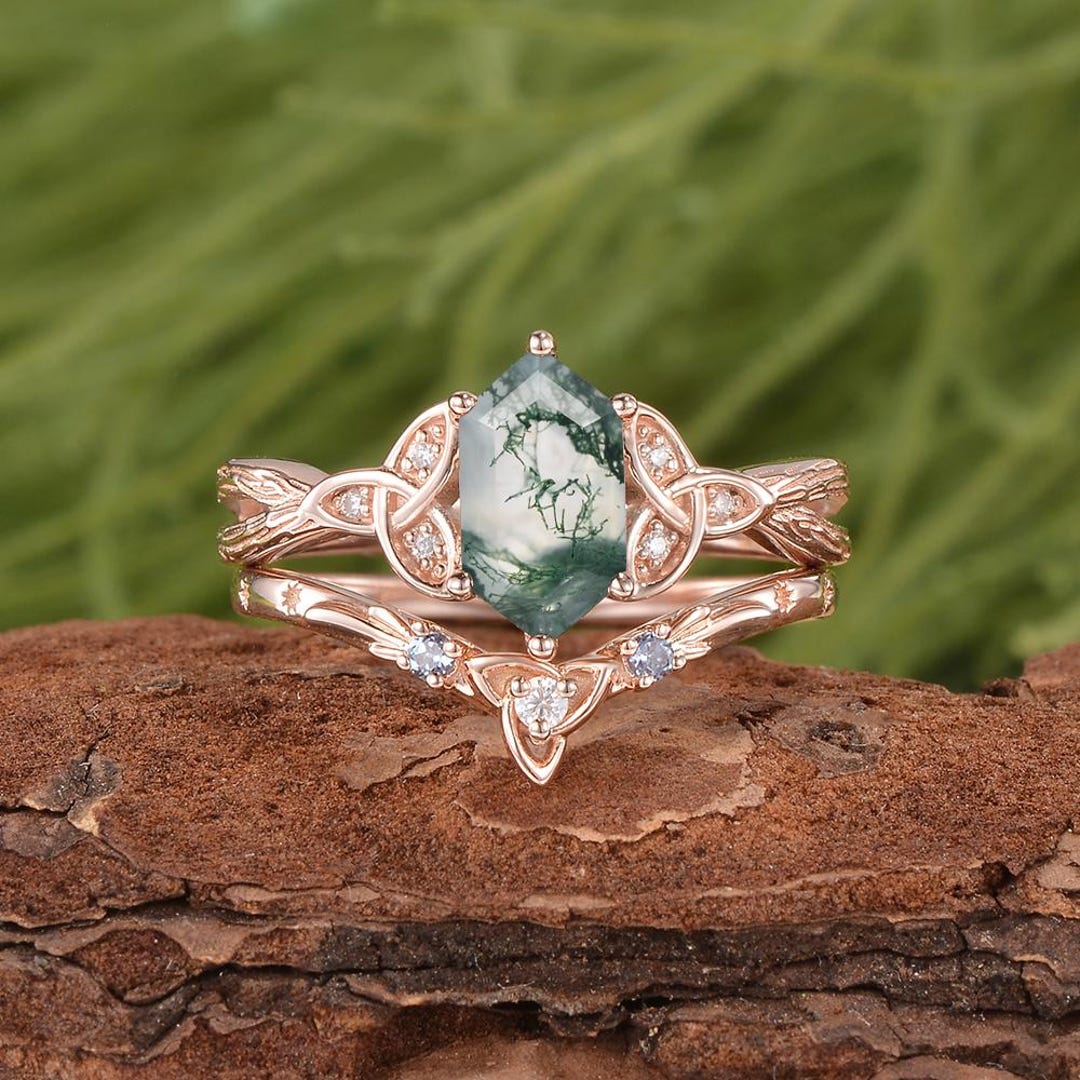 Engraved Celtic Hexagon Moss Agate Engagement Ring Set Rose Gold ...