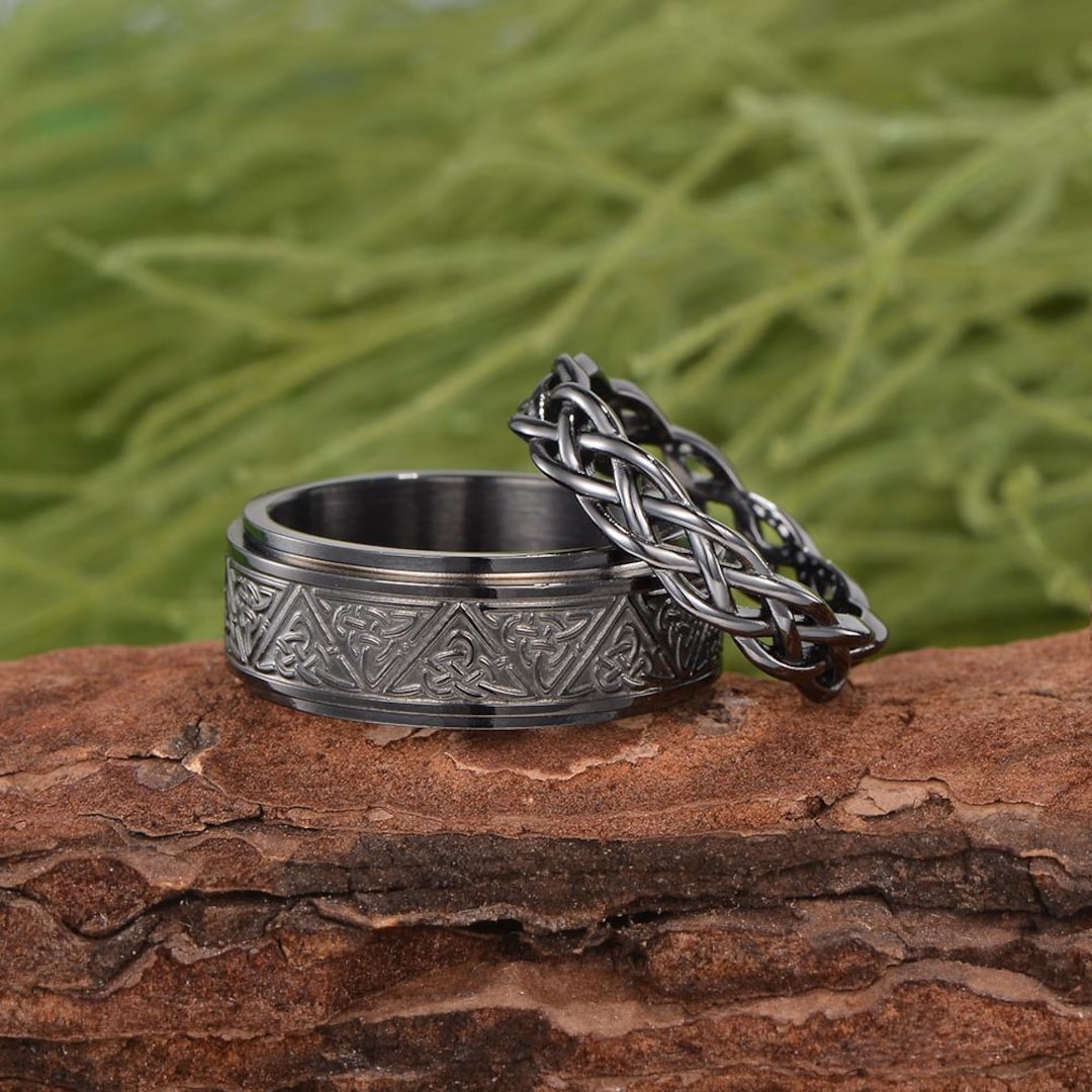 Engraving Celtic Knot Black Gold Wedding Band Set Infinity Triquetra ...