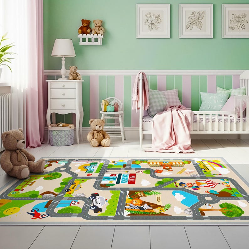 Kids Road Map Playmat Rug – Washable Non-slip Educational Toddler ...