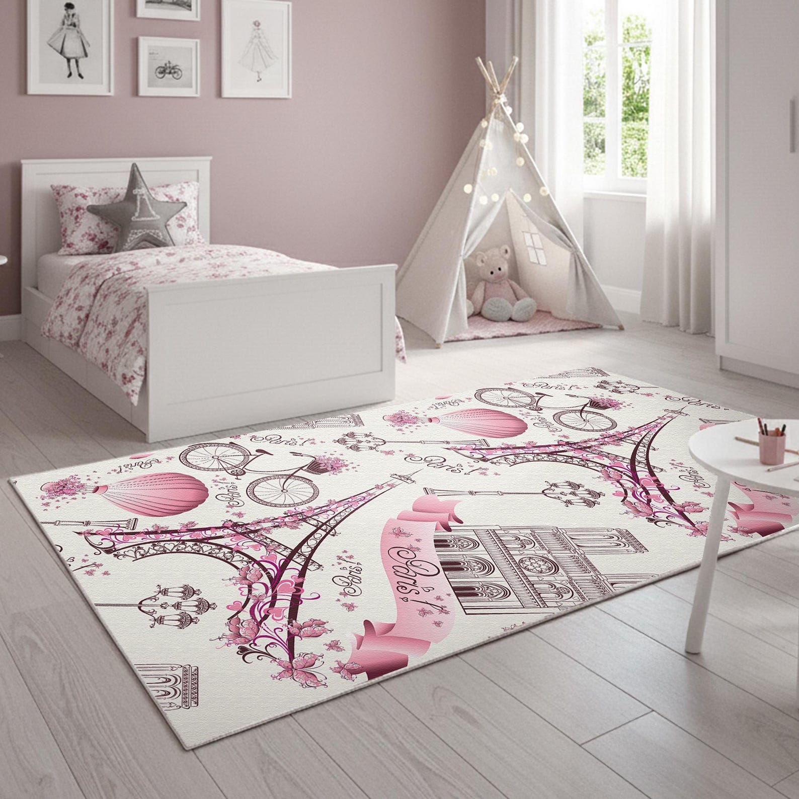 Eiffel Tower Paris Area Rug – Romantic Pink Floral Design, Washable Non ...