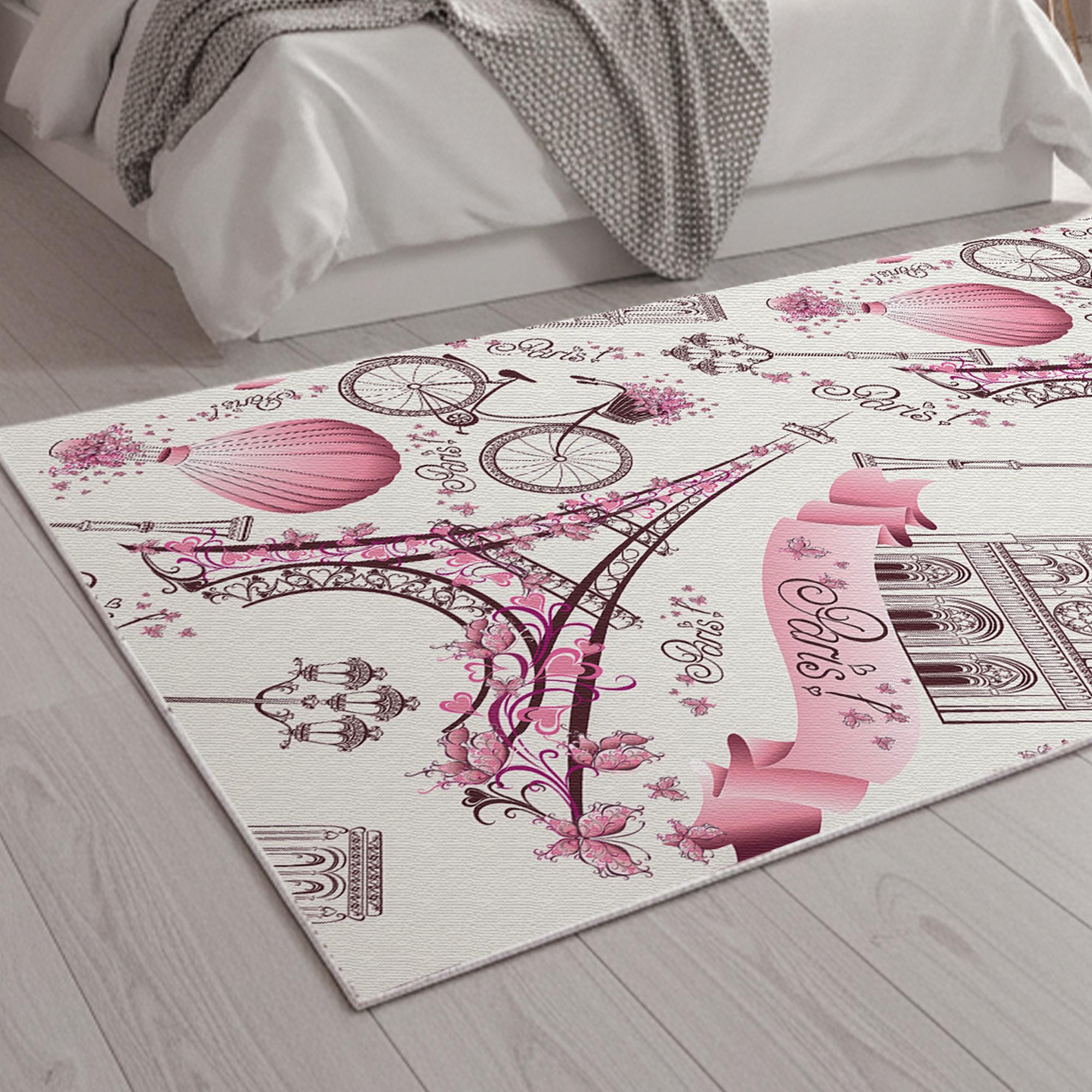 Eiffel Tower Paris Area Rug – Romantic Pink Floral Design, Washable Non ...