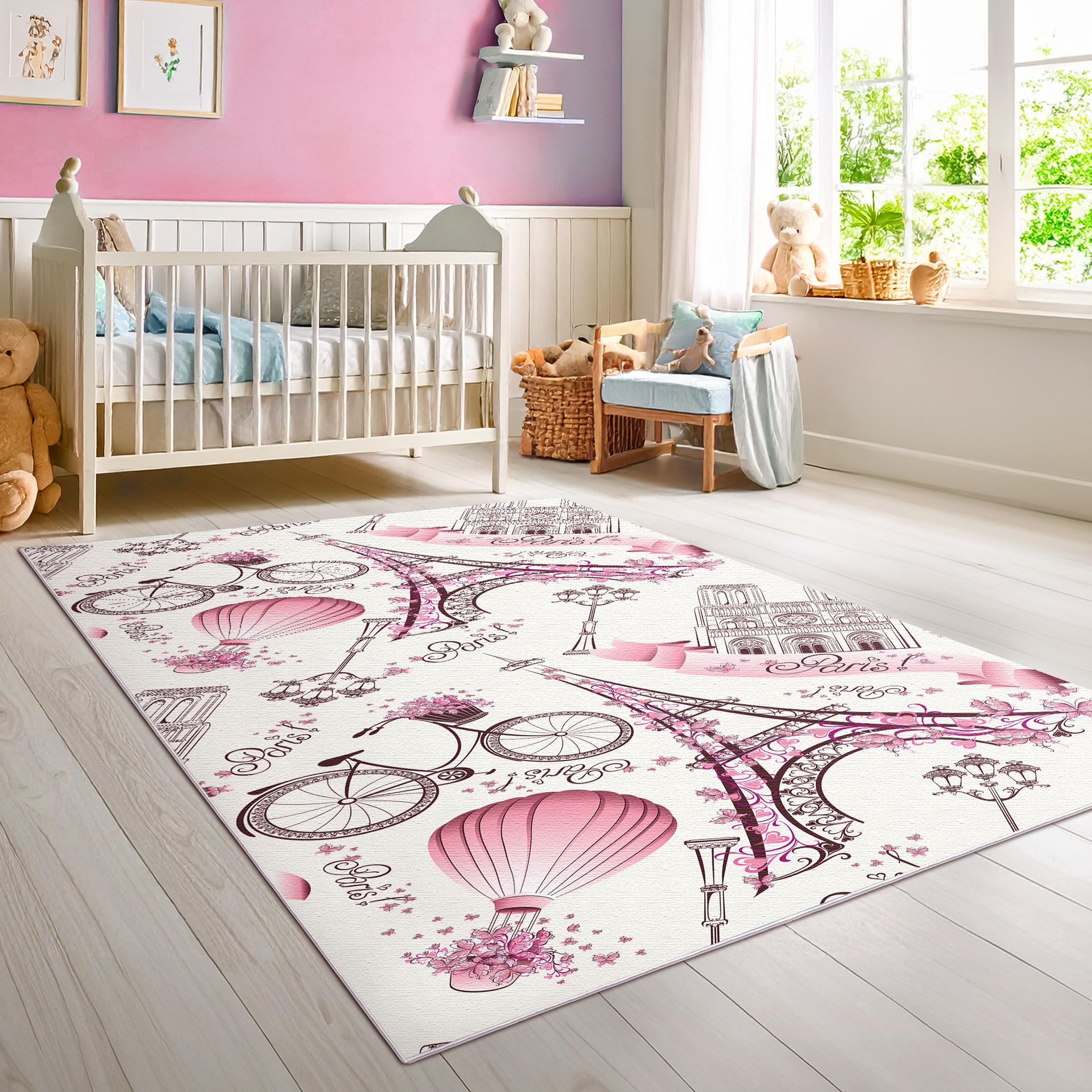 Eiffel Tower Paris Area Rug – Romantic Pink Floral Design, Washable Non ...