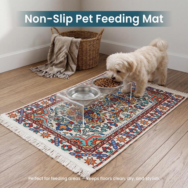 Personalized Pet Feeding Rug, Vintage Style Pet Mat, Washable Non-slip ...