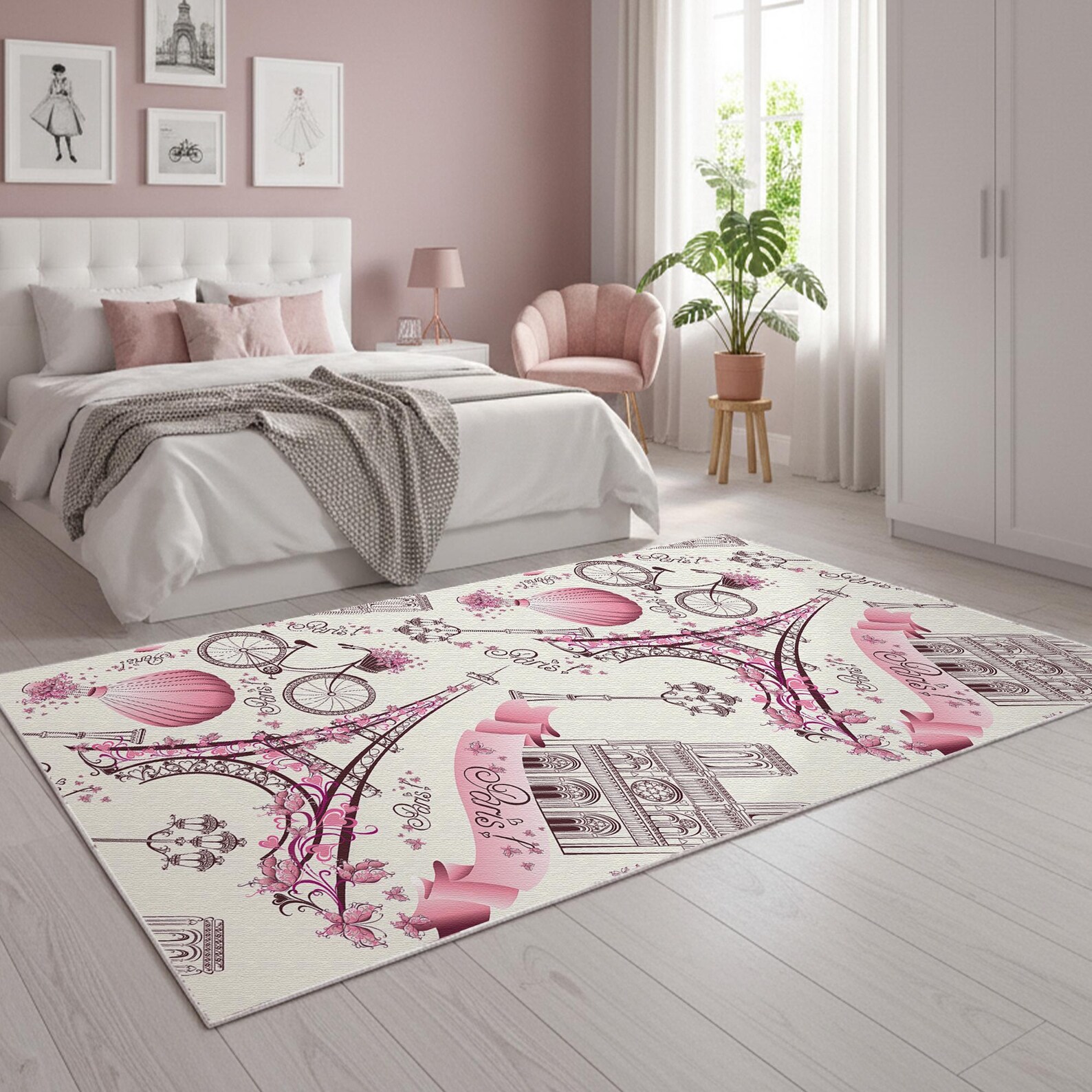 Eiffel Tower Paris Area Rug – Romantic Pink Floral Design, Washable Non ...